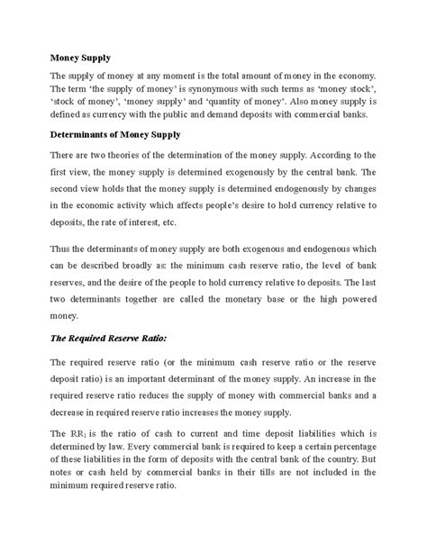 Money Supply And Its Determinants Money Supply The Supply Of Money At
