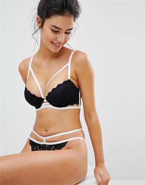 New Look Strapping Contrast Lace Bra And Thong Lingerie Set Asos