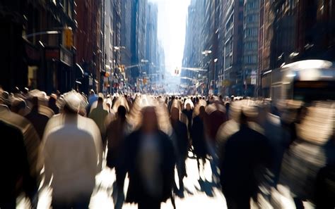 Busy Street Scene With Groups Of People Walking Across A Crowded