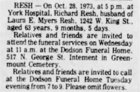 1973 Richard Resh Death Notice ™
