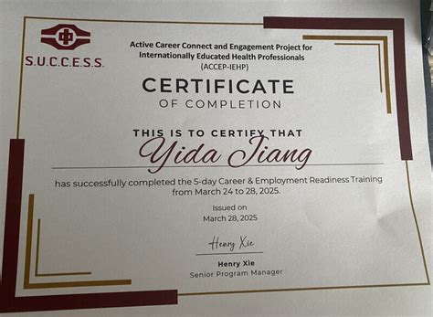 Got A Certificate For Career Connect And Engagement Workshop Yida Jiang