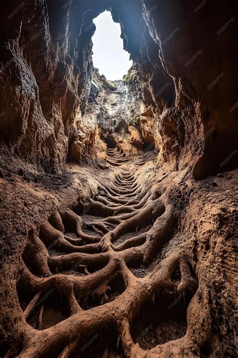 Underground Cave Roots Stairway Light Premium Ai Generated Image