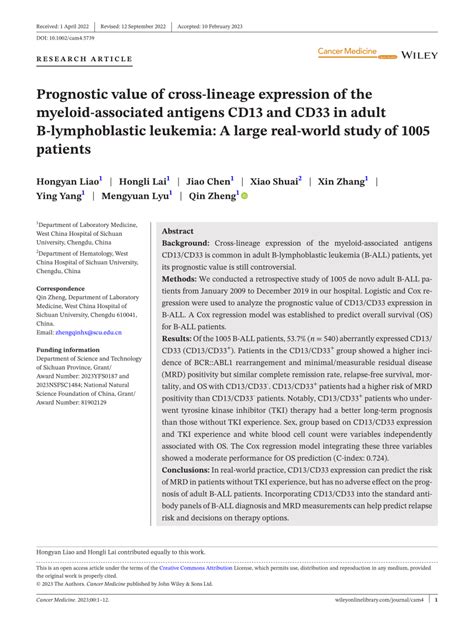 Pdf Prognostic Value Of Cross Lineage Expression Of The Myeloid