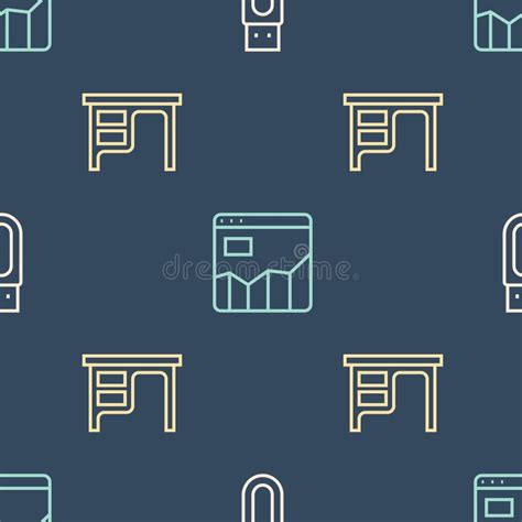 Set Line Usb Flash Drive Office Desk And Graph Chart Infographic On Seamless Pattern Vector