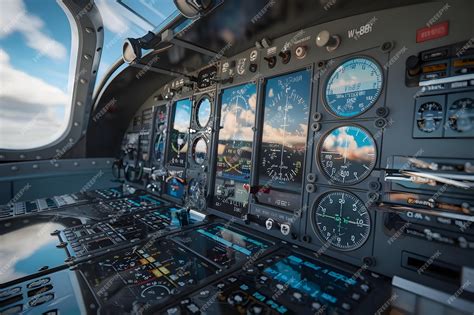 Detailed Airplane Cockpit Instrument Panel With Clear Sky View