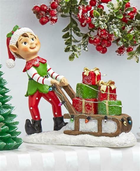 Christmas Elf Pulling Lighted Presents On Sled Figurine Mantel Tabletop