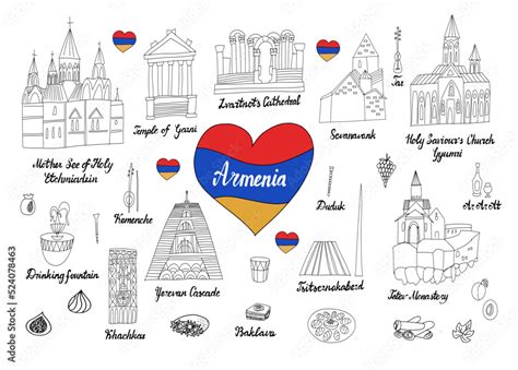 Armenia Icons Set Yerevan Journey Travel Landmark National Dishes And