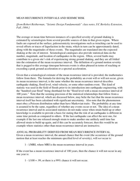 Mean Recurrence Intervals And Seismic Risk From