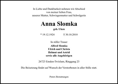 Traueranzeigen Von Anna Slomka Nordwest Trauer De