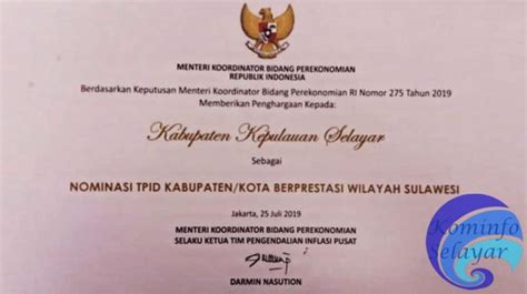 Pemkab Selayar Terima Penghargaan Nominasi Tpid Beprestasi