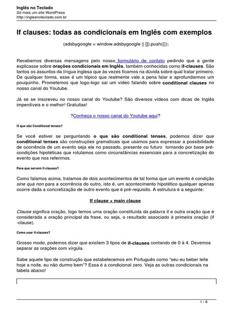 If Clauses Todas As Condicionais Em Ingles Com Exemplos Pdf Pdf Youtube Oração