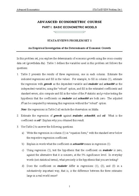 stata eview problem set 1 advanced econometric course part i basic