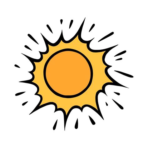 Handdrawn Yellow Sun Bright Shining Sun With Beams In Doodle Style Black And White Vector