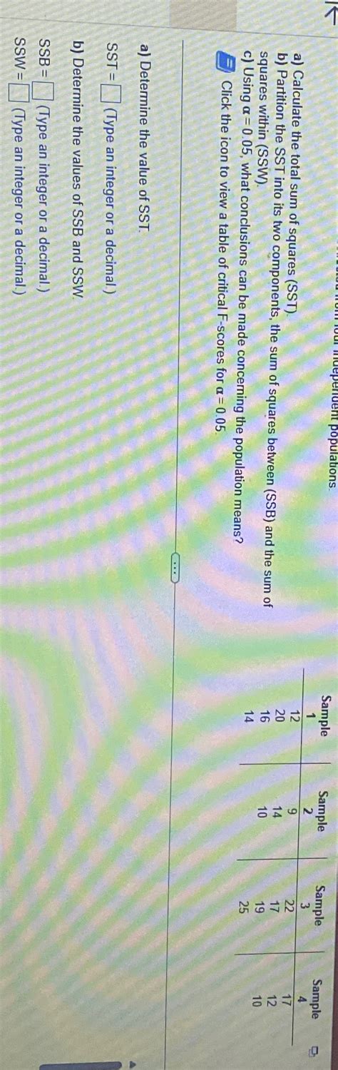 Solved A Calculate The Total Sum Of Squares SST B Partition The SST Answer