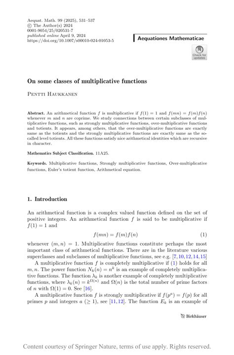 Pdf On Some Classes Of Multiplicative Functions