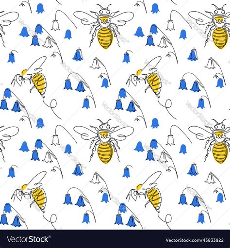 Bee Pattern Background With Blue Flowers Vector Image