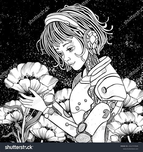 Beautiful Android Robot Girl Holding Flower Stock Vector Royalty Free