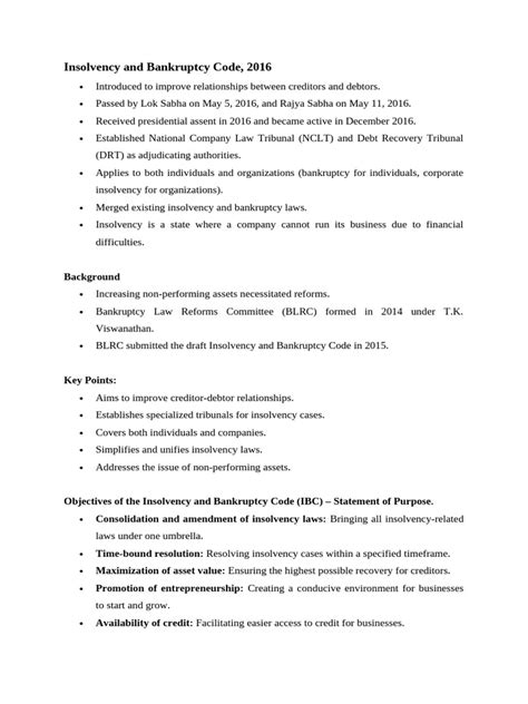 Ibc Brief Overview Pdf Bankruptcy Insolvency