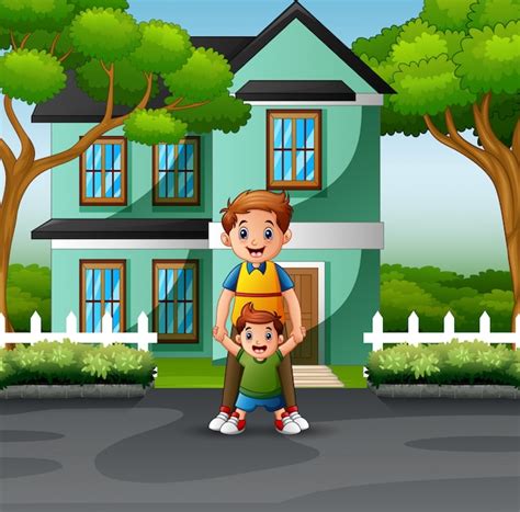 Premium Vector Happy Father And Sons In Front Of The House