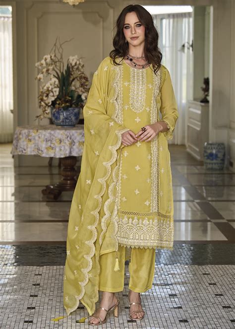 Embroidered Lime Yellow Organza Suit Urban Womania