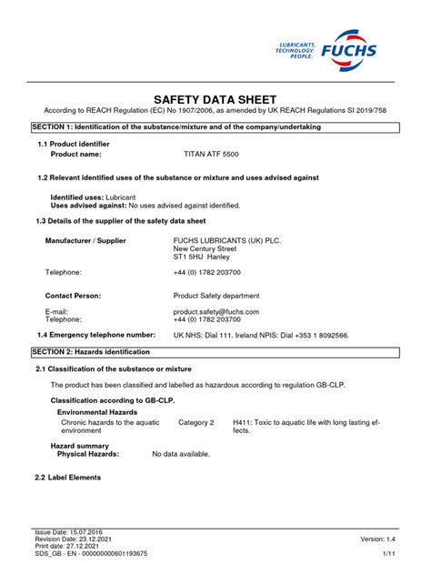 Fuchs Renolin Titan Atf 5500 Safety Data Sheet Pdf Toxicity