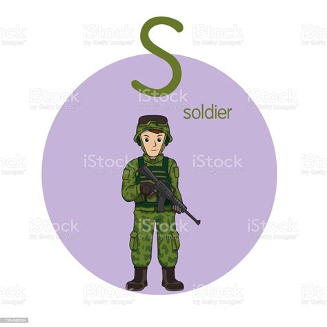 알파벳 문자 S 어퍼 케이스 또는 어린이 학습 연습 Abc에 대 한 대 문자와 솔저의 벡터 그림 모던 양식에 대한 스톡 벡터