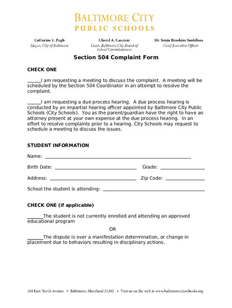 Section 504 Complaint Baltimore City Public Schools Doc Template Pdffiller