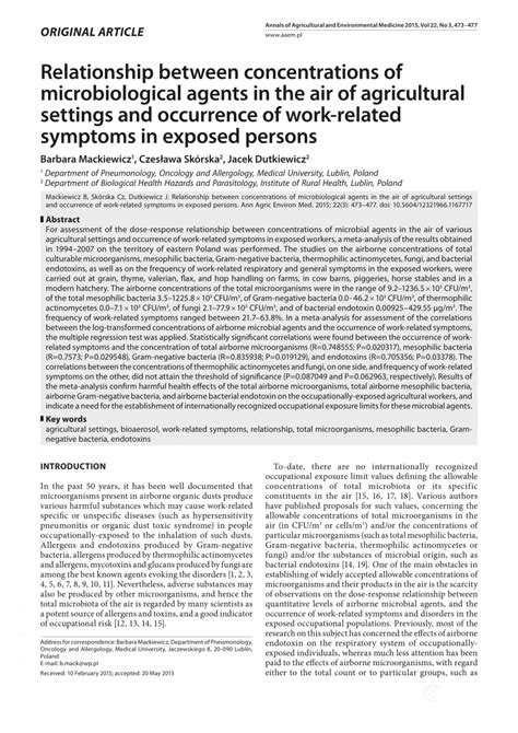 Pdf Relationship Between Concentrations Of Microbiological Agents In