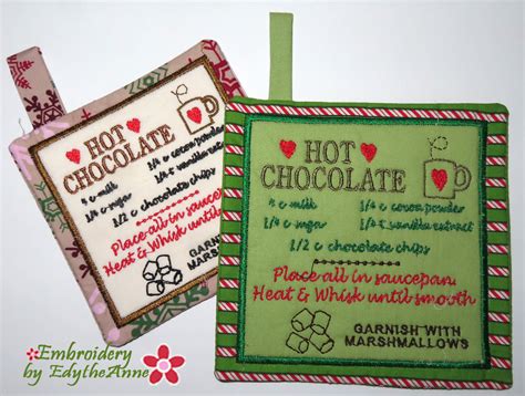 Hot Chocolate Recipe Pot Holders In The Hoop Embroidered Digital Downl