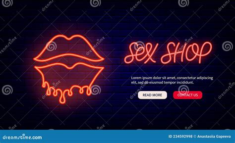 Sex Shop Neon Lettering Flyer Landing Page Template Kissing Lips With