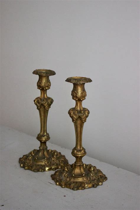 Fine Pair Of Circa 1880 English Gilded Brass Rococo Candlesticks