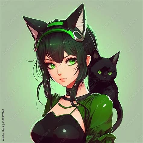 ภาพประกอบสต็อก Anime Girl With Cat Black Hair Neko Girl With Green