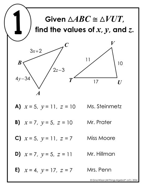 Congruent Triangles Finding Side And Angle Measures Math Lib Activity
