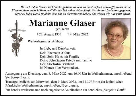Traueranzeige Marianne Glaser Weiherhammer