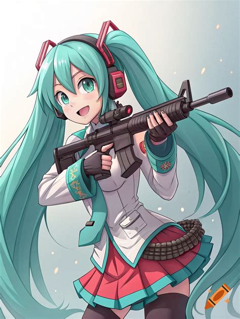 Anime Portrait Of Hatsune Miku Holding A Rifle And Smiling On Craiyon