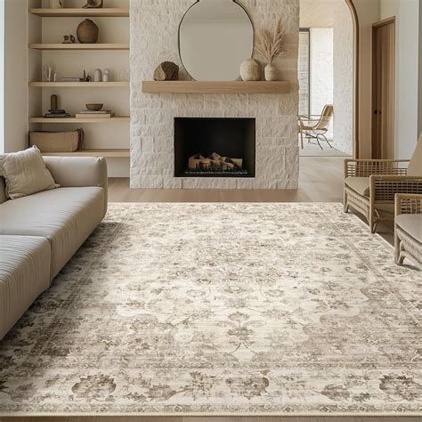 Wondrg 9x12 Neutral Area Rug Beige Floral Living Room Bedroom Large