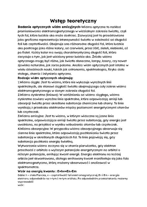 Badanie Optycznych Widm Emisyjnych Wstęp Teoretyczny Badanie