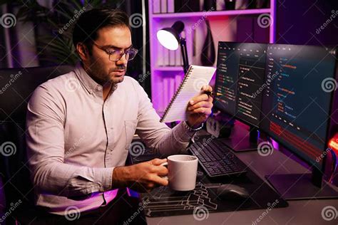 It Working With Drinking Coffee Coding On Pc Screen Reading Note
