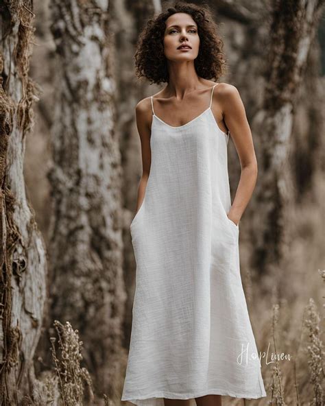 Linen Slip Dress In White Summer Linen Dress Leisure Dress Strap