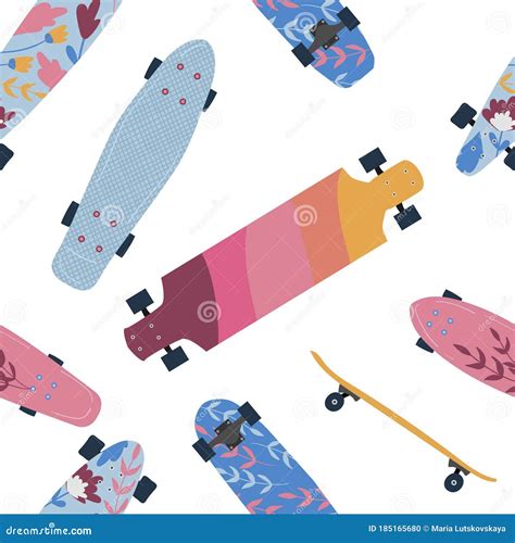 Skateboard Pattern With Vector Different Skate Decks In Flat Design Skateboarding Seamless