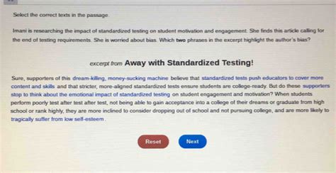 Solved Select The Correct Texts In The Passage Imani Is Researching The Impact Of Standardized