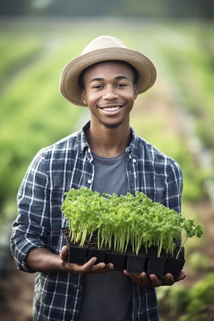 Premium Ai Image Shot Of A Young Man Holding Seedlings On His Farm