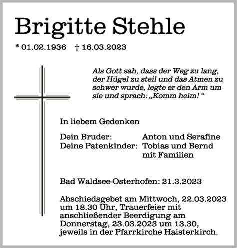Traueranzeigen Von Brigitte Stehle Schwaebischede Trauerportal