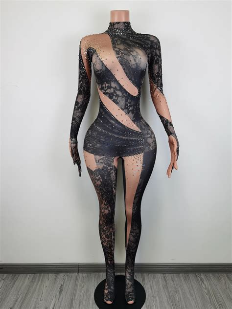 Sexy Slim Fit Rompers One Piece Bodysuit Women Rhinestone Jumpsuits