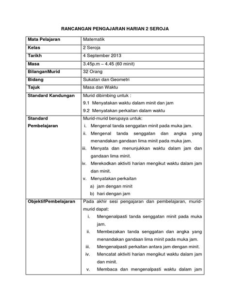 Contoh Rph Matematik Tahun 2 Masa Dan Waktu Judahoiwilkinson