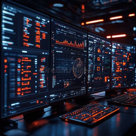 High-Tech Control Room with Multiple Screens Displaying Data and Analytics Stock Illustration ...