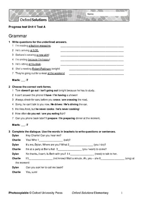 Oxford Solutions Elementary Progress Test 4a Grammar And Vocabulary