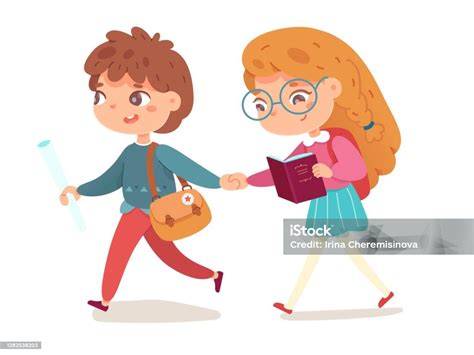 학교 아이들은 공부하려고합니다 행복한 소년과 소녀 산책 학습 및 초등 교육 벡터 일러스트레이션 가방과 책을 가진 귀여운 학생 9월에 대한 스톡 벡터 아트 및 기타 이미지