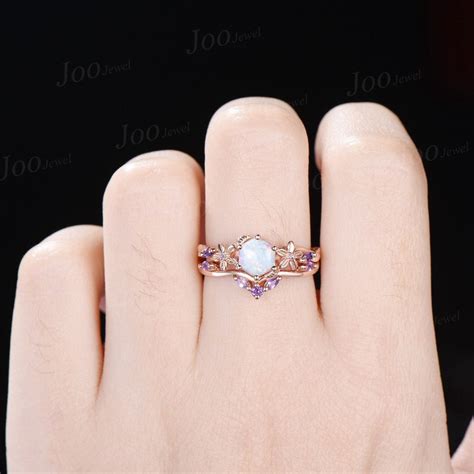 1ct Nature Inspired Hexagon Opal Engagement Ring Set Rose Flower
