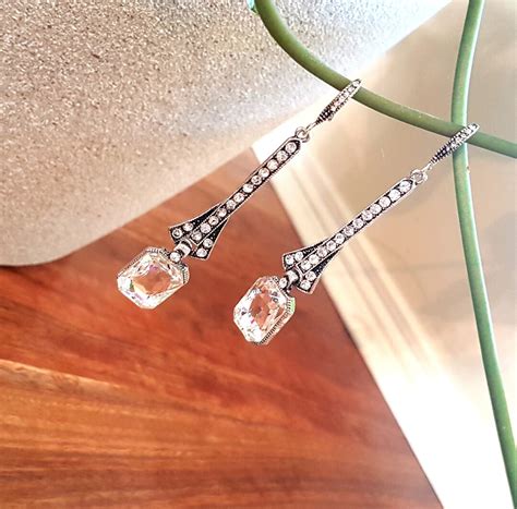 Very Long Vintage Style Art Deco Crystal Drop Earrings Silver Gatsby